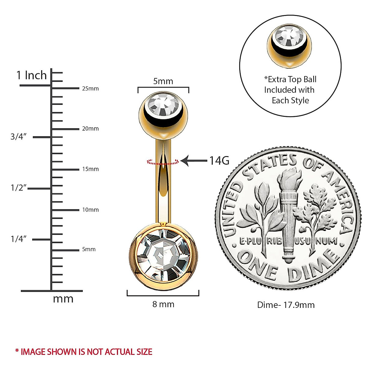 BodyJ4You 5PC Belly Button Rings Set - 14G - Goldtone Surgical Stainless Steel - Shiny CZ Crystals - Clear Disco Ball - Replacement Extra Pack - Women Body Piercing Jewelry