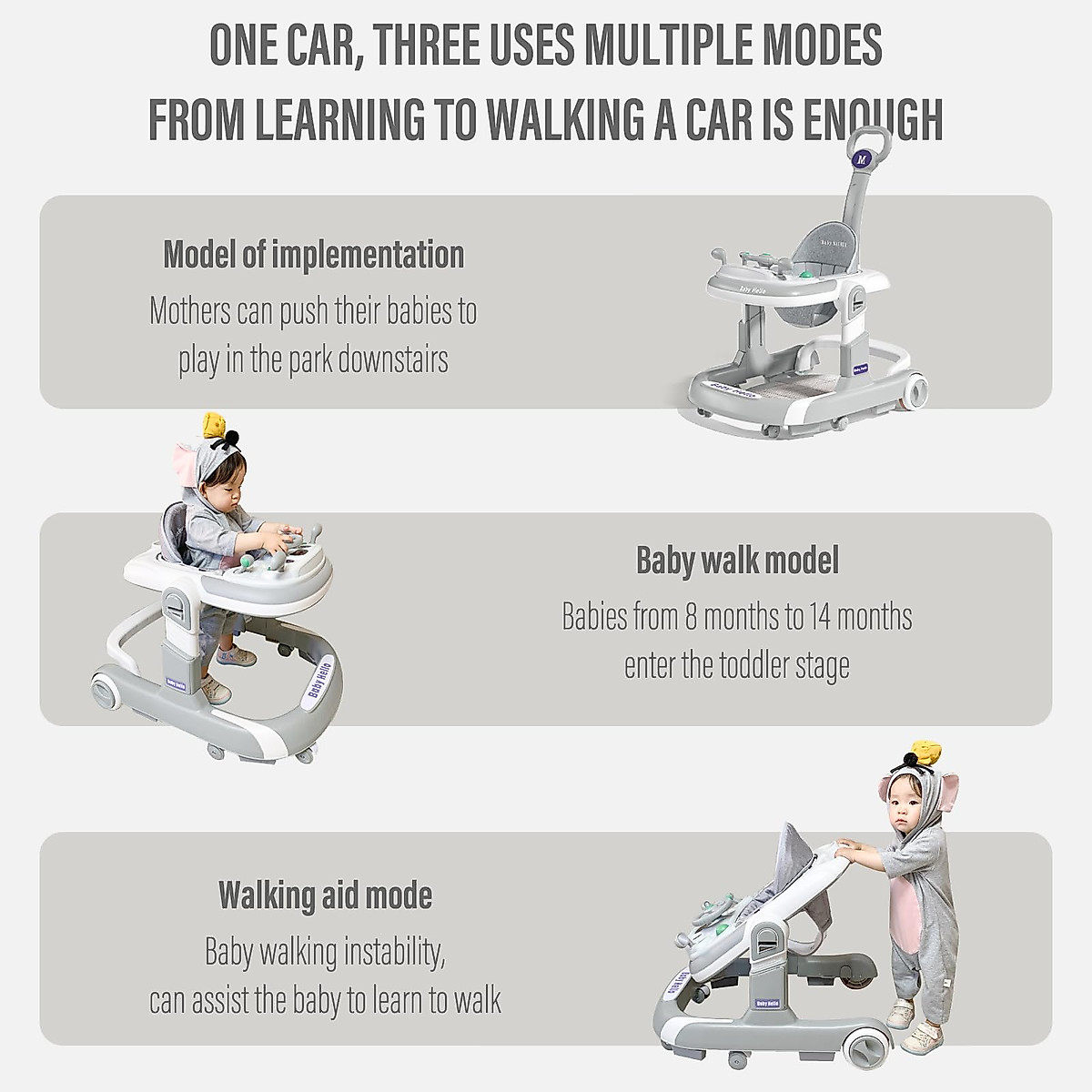 3-in-1 Foldable Baby Walker: Car-Themed Activity Center, Walker, and Stroller with Shades, Anti-Tip Design and Adjustable Settings, Baby Walker and Bouncer Combo, Baby Jumper Activity Center