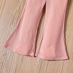 PATPAT Toddler Girl Ribbed Bell Bottom Flare Pants Solid Color Casual Elastic Waist Wide Leggings Trousers 2 Years Apricot