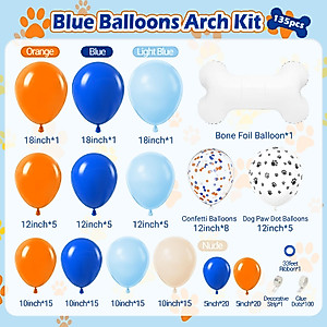 136pcs Blue Balloon Garland Arch Kit, DIY Blue Orange Nude White Dog Bone Paw Print Balloons Arch for Theme Baby Shower Anniversary Blue Birthday Party Decorations