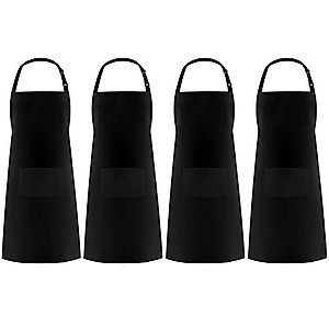 Syntus 4 Pack Adjustable Bib Apron Waterdrop Resistant with 2 Pockets Cooking Kitchen Aprons for Women Men Chef, Black