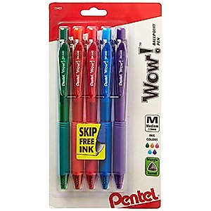 Pentel WOW! Colors Retractable Ballpoint Pens, Medium Line, Assorted Ink, 5 Pack (BK440CRBP5M)