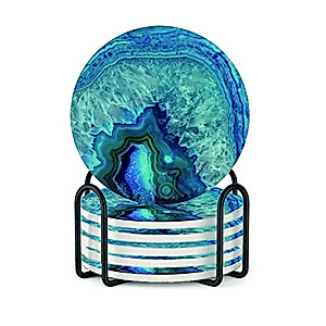 Coasters for Drinks with Holder 6 Pack,Marble Ocean Coasters for Table,Ceramic Absorb Stone Coasters with Cork Base,Housewarming Gift for Home Decor (Agate Blue)…