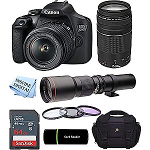 Inspire Digital Canon EOS Rebel 2000D DSLR Camera with 18-55mm is II Lens Bundle + Canon EF 75-300mm f/4-5.6 III Lens and 500mm Preset Lens + 64GB Memory + Filters + Paded Case (Renewed)