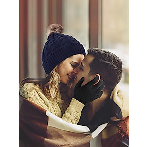 Women's Winter Knitted Beanie Hat with Faux Fur Pom Slouchy Hat and Full Finger Knitted Gloves (Navy Blue Hat)