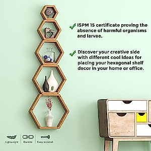 Red River Hexagon Floating Shelves Set of 5,Wall Mounted Wood Farmhouse Storage Honeycomb Wall Shelf,Floating Shelf,Wall Shelf for Bathroom,Kitchen, Bedroom, Living Room, Office (Dark Brown)