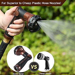 FANHAO Garden Hose Nozzle, 100% Heavy Duty Metal Water Hose Sprayer with 8 Spray Patterns, High Pressure Water Nozzle with Thumb Control, On Off Valve for Watering Plants, Washing Cars & Pets, Brown