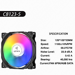 upHere RGB LED 120mm Case Fan,Quiet Edition High Airflow Adjustable Color LED Case Fan for PC Cases, CPU Coolers,Radiators System,5-Pack / C8123