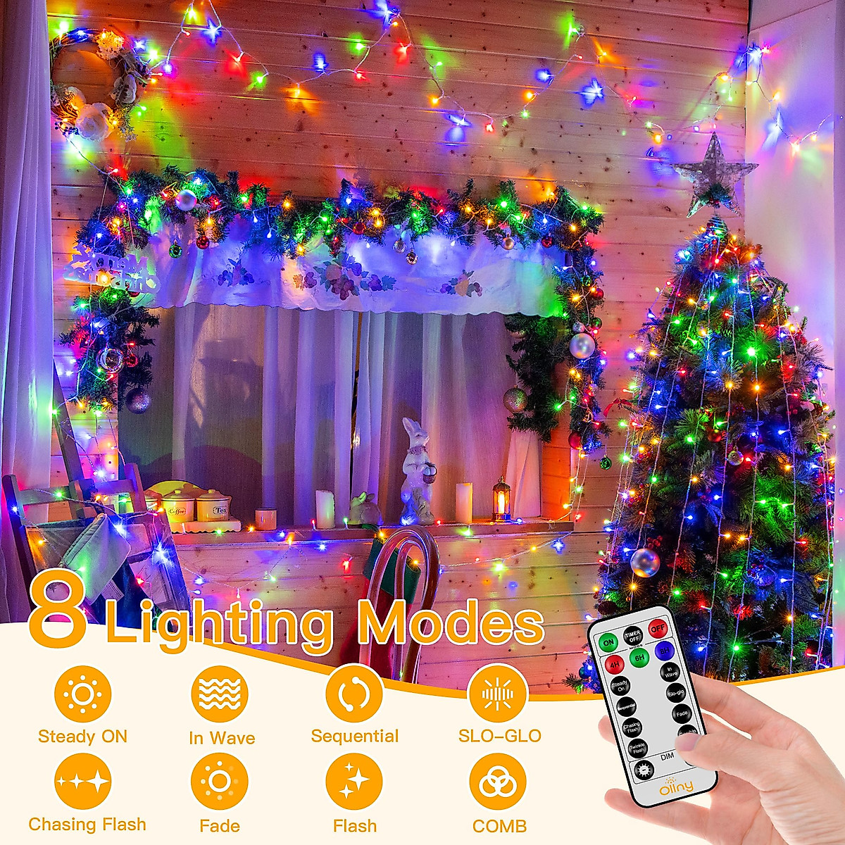Ollny Outdoor String Lights Waterproof, 400LED 132ft Multicolor Fairy Lights with Remote 8 Modes Timer, 29V Plug-in String Lights for Bedroom Indoor Outside Party Christmas Decorations