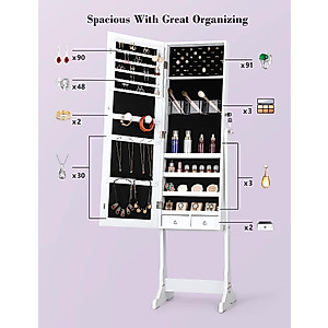 Nicetree Jewelry Cabinet with Full-Length Mirror, Standing Lockable Jewelry Armoire Mirror Organizer, 3 Angel Adjustable, White