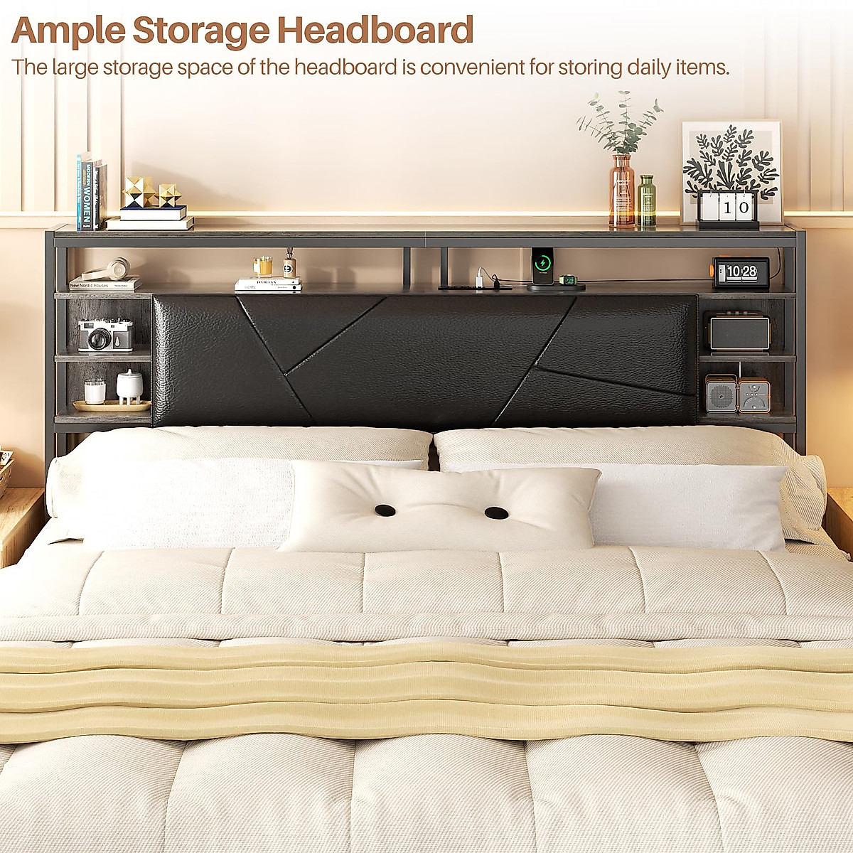 Hyomdeck Headboard for King Size Bed, Sturdy Upholstered King Head Board with 3 Outlets and 2 USB Ports, Solid Headboards with Smart RGB LED Light and Storage Shelves, Easy Assembly, Black Oak