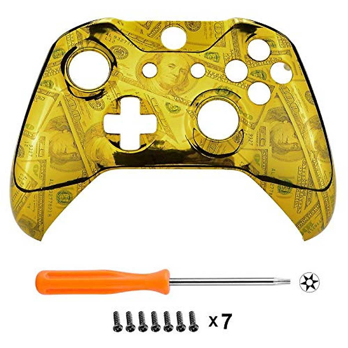 eXtremeRate Chrome Gold 100 Cash Money Dollar Front Housing Shell Case, Glossy Patterned Faceplate Cover Replacement Kit for Xbox One S & One X Controller (Model 1708)