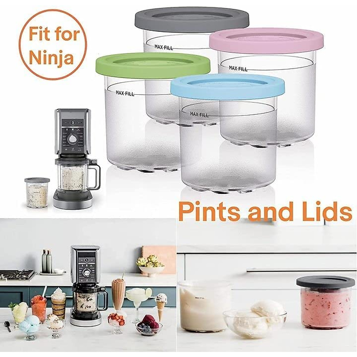 Ice Cream Pints Cup,Ice Cream Containers with Lids for Ninja Creami Pints,Safe & Leak Proof Ice Cream Pints Kitchen Accessories,for NC300S NC299AM Series Ice Cream Maker (2PCS-2)