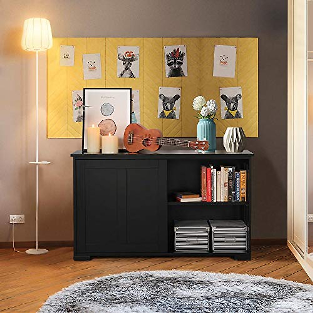 Yaheetech 2pcs Storage Cabinet Kitchen Buffet Cabinet with Sliding Doors and Adjustable Shelf, Stackable Cupboard for Kitchen Living Room Dining Room Hallway