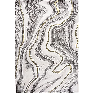 Abani Contemporary Grey & Metallic Gold Marble Area Rug, 5'3" x 7'6"(5'x8') Non-Shed Modern Rugs Marble Print Dining Room Rug