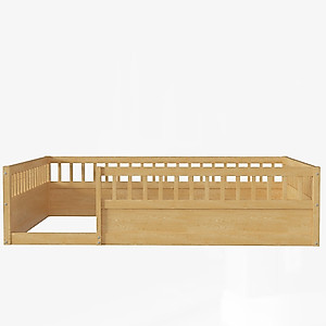 Floor Bed for Kids, Full Size Montessori Bed with High Fence Railings, Wood Playhouse Bed with Rails for Baby Boys Girls Teens, No Slats Included, Natural