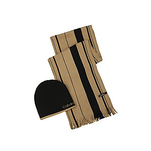 Calvin Klein Men's Reversible Beanie and Raschel Scarf Set, Timeless Camel, One Size