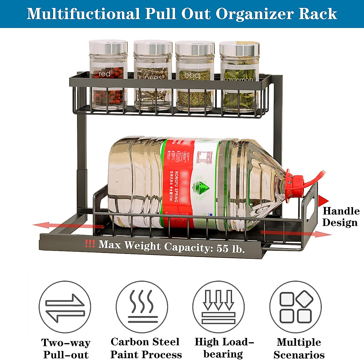 LFGKeng Under Sliding Sink Organizer, Pull Out Cabinet Drawer 2 Tier, Under Sink Shelf Organizer Rack, Under Cabinet Storage for Kitchen Spice Organizer, Bathroom Countertop Organize Baskets(Black)