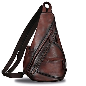 Genuine Leather Sling Bag Casual Shoulder Hiking Backpack Vintage Handmade Crossbody Bag Retro Chest Daypack Convertible Backpack (LightCoffee)