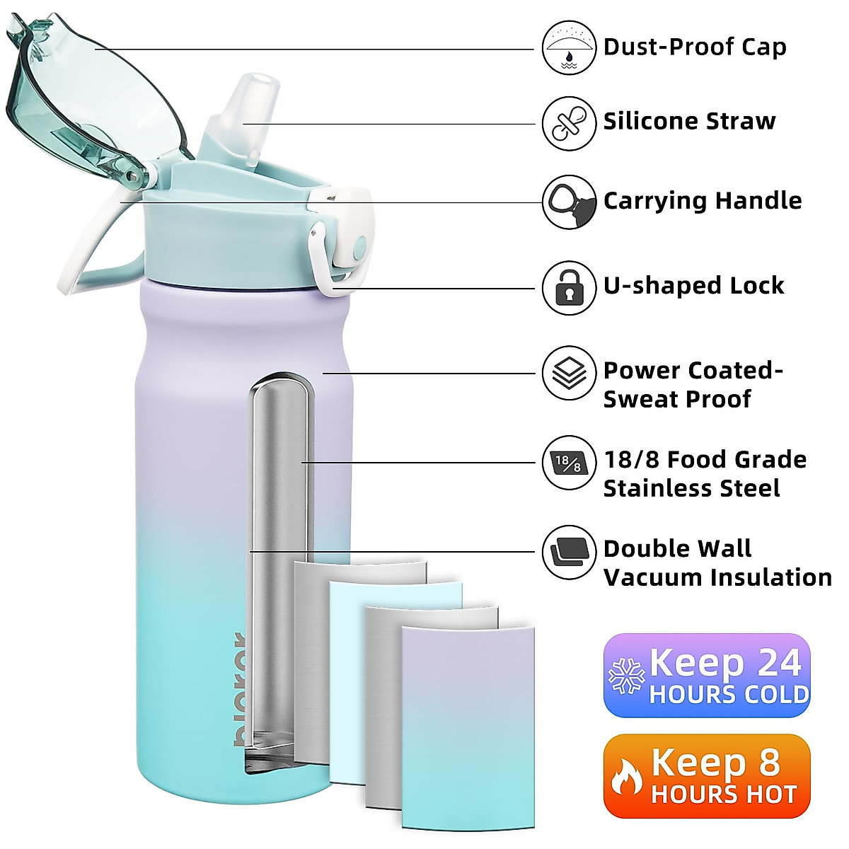 BJPKPK Water Bottle With Straw 18oz Insulated Water Bottles Reusable Stainless Steel Metal Thermos With Leak Proof Lockable Lid And Carry Handle,Oasis