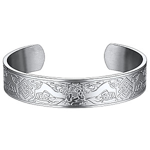 FaithHeart Viking Wolf Cuff Bracelet for Male Stainless Steel Punk Celtic Knot Norse Jewelry