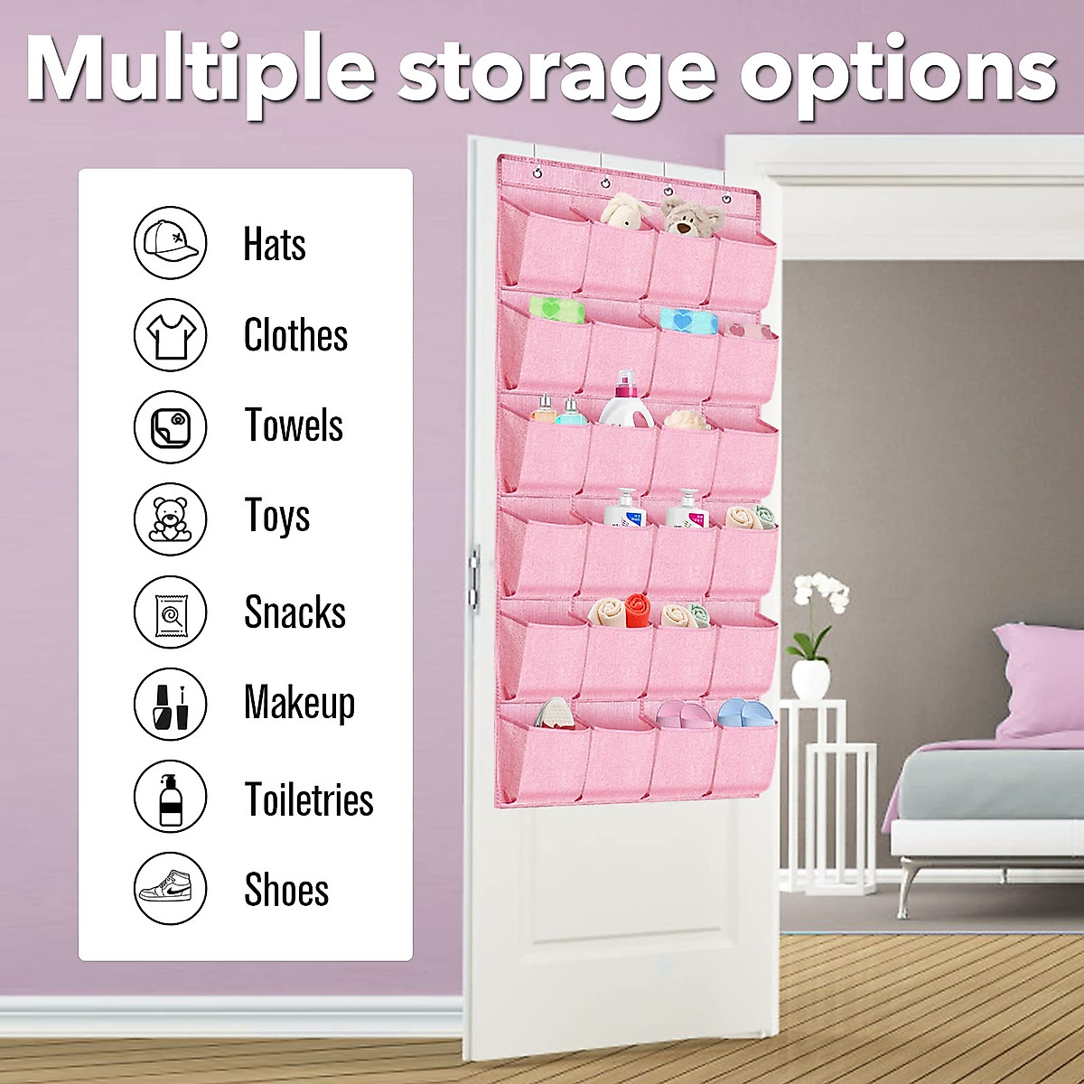 Pink Shoe Organizer Over the Door for Girls Women Kids Room,Hanging Shoe Rack Organizer for Closet Door,Zapateras Storage Holder with 24 Large Pockets & 4 Sturdy Hooks for Shoes,Slippers