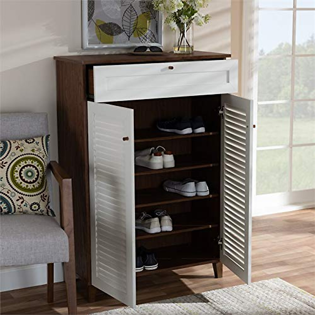 Baxton Studio Coolidge Modern and Contemporary White and Walnut Finished 5-Shelf Wood Shoe Storage Cabinet with Drawer