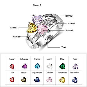 Mothers Ring with 3 Heart Simulated Birthstones Engraved 3 Names Personalized Promise Rings for Her Mom Jewelry (8.5)