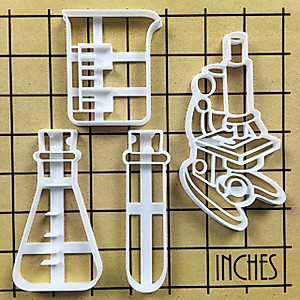 Set of 4 Laboratory Equipment cookie cutters (Designs: Beaker, Microscope, Test Tube, and Conical Flask), 4 pieces - Bakerlogy