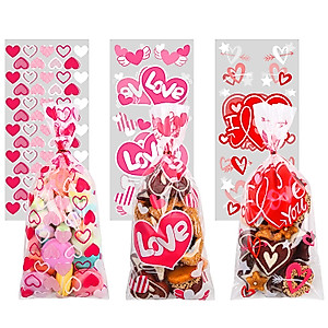 DIYASY Valentine Cellophane Candy Bags,150 Pcs Treat Bags Heart and Love Shape Goodie Bags with 180 Twist Ties for Valentine's Day Party Favor