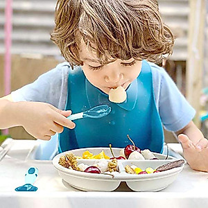 3 Pack Safe Silicone Baby Suction Plates - Toddler Divided Plate Set with Spoon Fork, Dishwasher and Microwave Safe (Blue, Green & Gray)