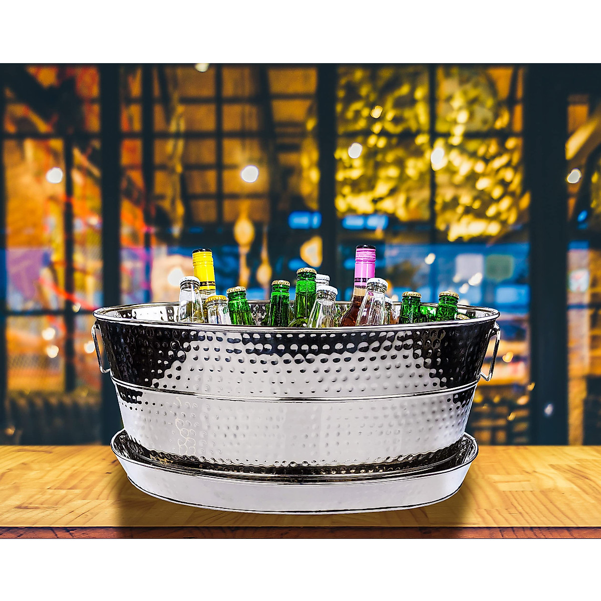 BREKX Metal Serving Tray 21" x 14" - Decorative Hammered Platter for Barware, Kitchenware, Coffee Tables (Stainless Steel)