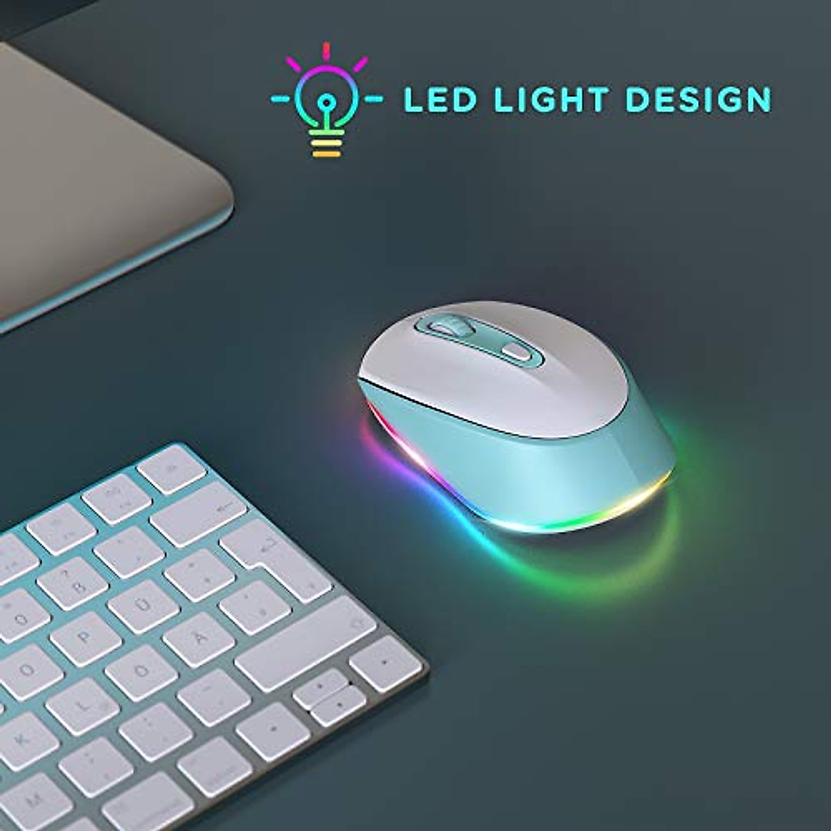 seenda Bluetooth Mouse - Light Up Rechargeable Wireless Mouse (Bluetooth 3.0/5.0+USB) for Computer. Ultra Quiet Multi-Device Mouse for Notebook, Kids' Chromebook, Macs, and Windows - Mint Green