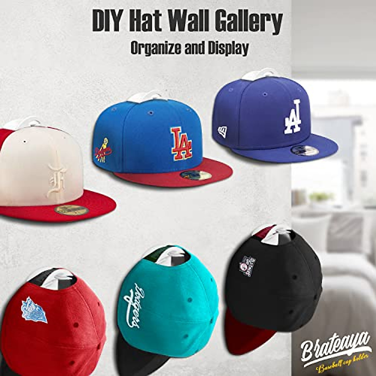BRATEAYA Hat Hooks for Baseball Caps (10 Pack), No Drilling Hat Organizer for Wall Display & Hat Brim Bender, Easy Hat Bill Shaper for Baseball Caps