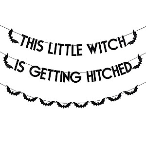 This Little Witch Is Getting Hitched Banner Black Glitter, Halloween Bats Banner Decorations, Halloween Bachelorette Party Decorations Halloween Haunted House Doorways Home Outdoor Mantle Decor