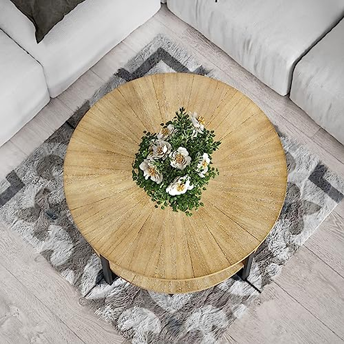 3imothrix Round Wood Coffee Table, Coffee Table with Storage Open Shelf, 31.49 inch 2 Tier Solid Wood Veneer Circle Coffee Table for Living Room (Coffee Table)