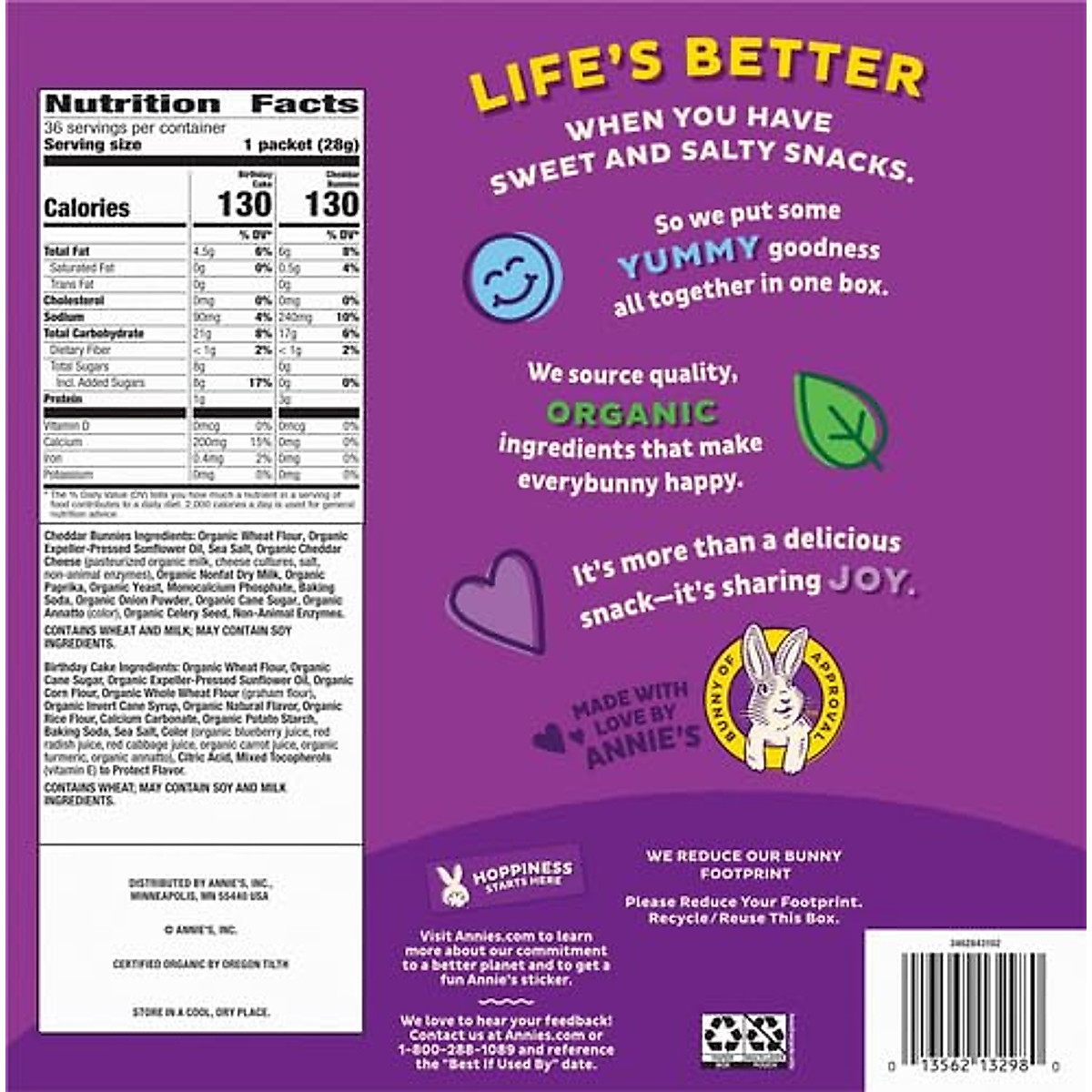 Annie's Organic Birthday Cake Bunny Grahams and Cheddar Bunnies Snack Pack 36 Count, 36 oz