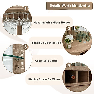 EROMMY Corner Bar, Home Liquor Storage Unit in High Density Board Finish with Built-in Wine Rack and Lower Cabinet, Hanging Stemware Rack, Burlywood