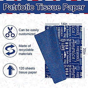 Whaline 120 Pcs Patriotic Tissue Paper Blue Red White Stars Stripe Wrapping Paper 4th of July Art Tissue Paper Art Crafts for DIY Gift Packaging Independence Day Party Decorations, 14x20 inch