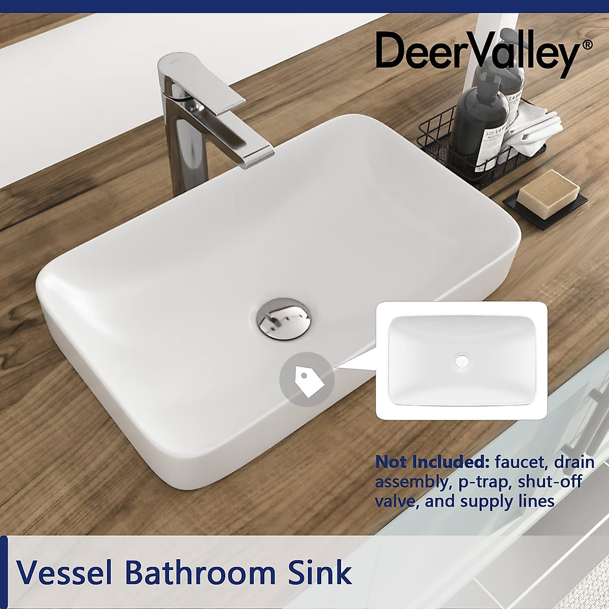 Bathroom Vessel Sink, DeerValley 19'' x 12'' Semi Recessed Bathroom Sink Rectangular White Ceramic Vessel Sinks for Bathroom Modern Bath Sink Bowl Vanity Sink Above Counter Basin DV-1V0047