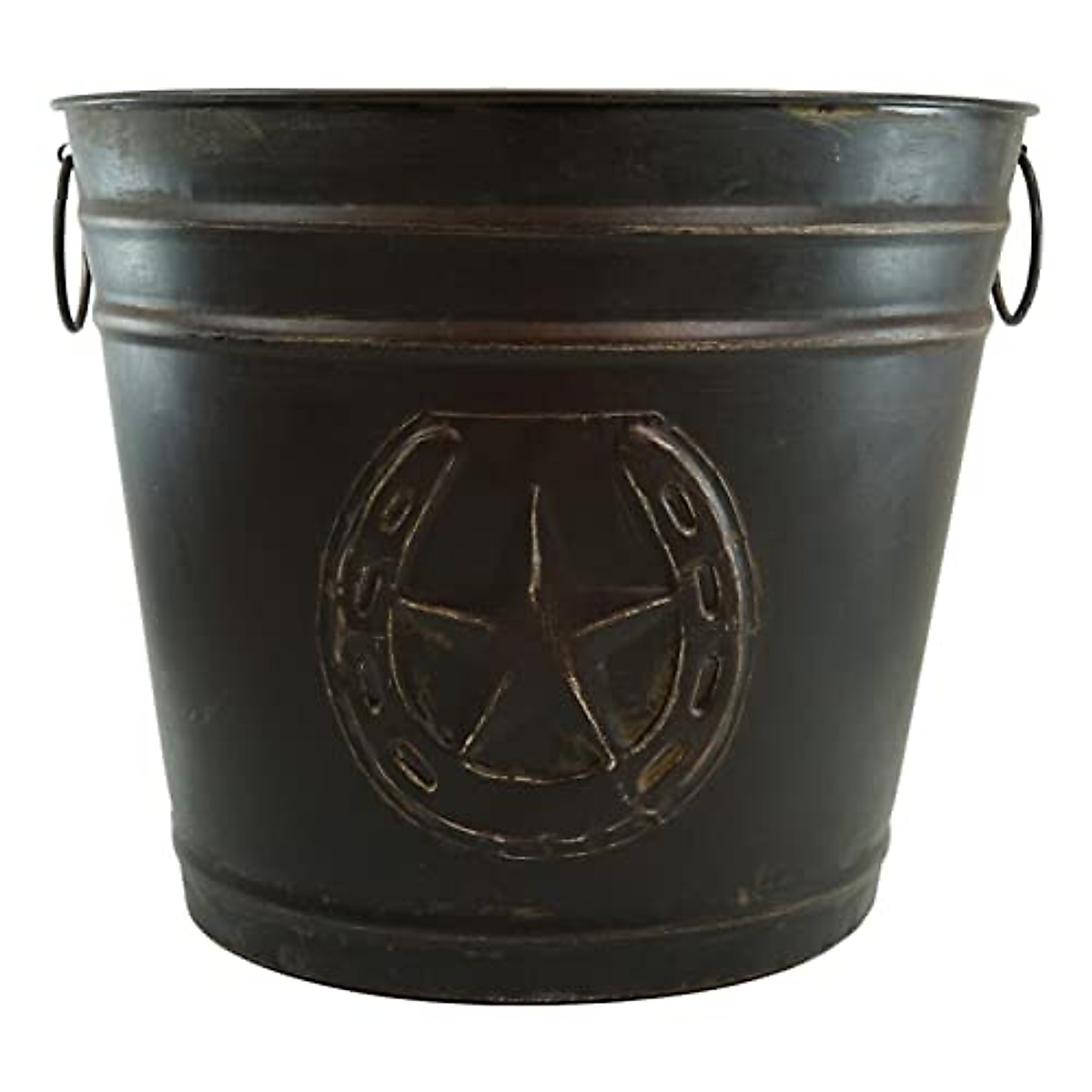 Ebros Rustic Western Texas Lone Star with Lucky Horseshoe Old Fashioned Bucket Metal Floral Vase Or Waste Basket Bin 12.5" Wide Home and Bathroom Accent Country Farmhouse Cowboy Decorative Accent