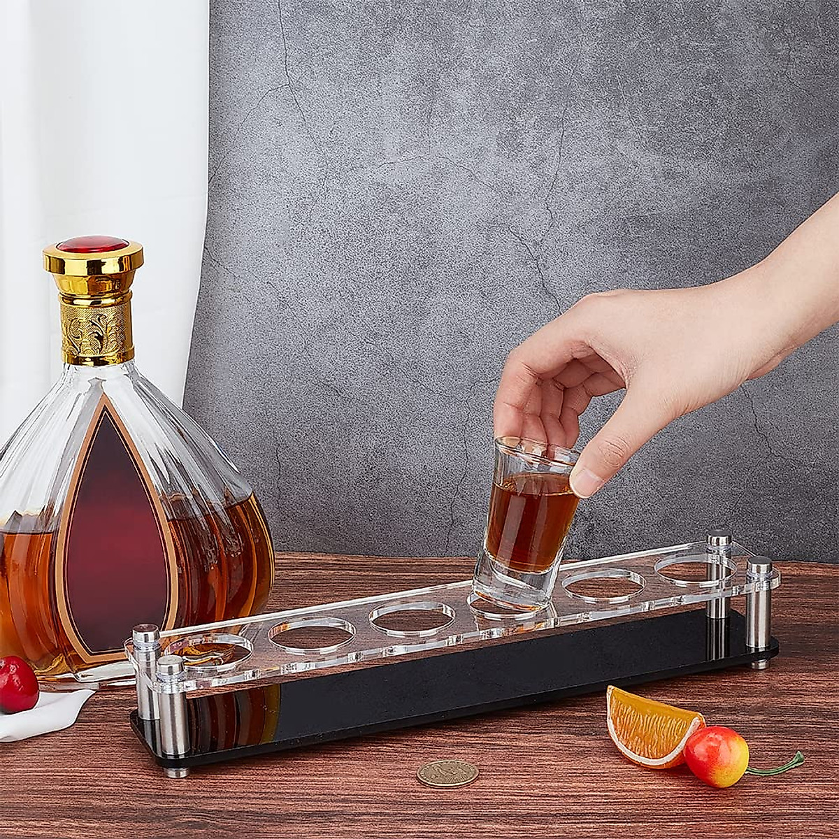 AHANDMAKER Shot Glass Holder Tray, 6 Hole Acrylic Bar Tasting Serving Tray, Wine Shot Glasses Display, Whiskey Glass Cup Rack Organizer for Restaurant Club Bar Party Family Gathering, Horizontal