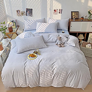 Kimko Washable Cotton Gray Blue Buffalo Plaid Duvet Cover Set,Grid Checkered Bedding Set with Zipper,Gentle,Soft,Home Cozy and Breathable 【3Pcs:1 Duvet Cover+2 Pillowcase】 (# 012, Queen-79''X90'')