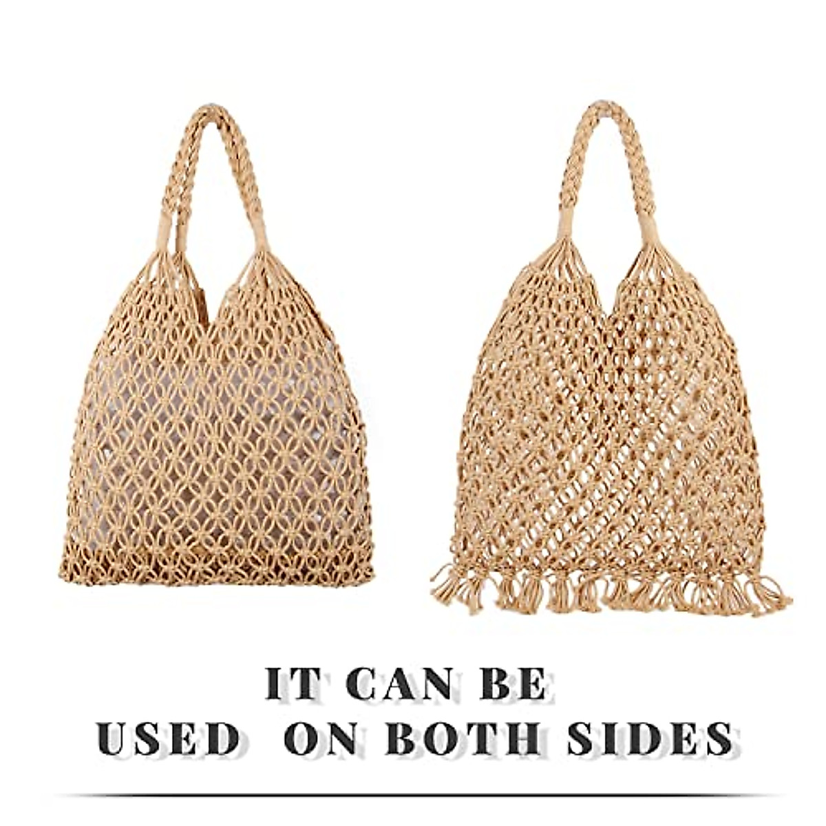 Oweisong Women Straw Travel Beach Bag Handmade Woven Fishing Net Handbag Tote Summer Weave Rattan Mesh Shoulder Purse