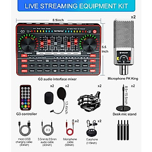 Audio Mixer with Sound Card, tenlamp Two 3.5mm Studio Condenser Microphone and G3 Audio interface, Sound Board Voice Changer, Podcast Equipment Bundle for PC Recording Gaming Live Streaming Podcast