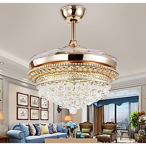 RuiWing 42" Modern Fandelier Crystal Ceiling Fans with Lights and Remote Gold LED Fan 3 Light Settings 3 Speeds Invisible Retractable Chandelier Fan for Dining Room Bedroom Restaurant