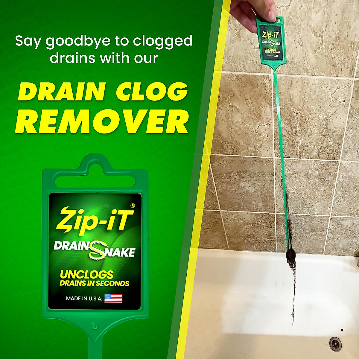 The original Zip-It Hair Clog Remover 25-inch Overall Length Drain Snake Cleaner (3-Pack), Unclog Your Sink, Shower, & Tub Drain In Seconds – Non-toxic, Made in the USA