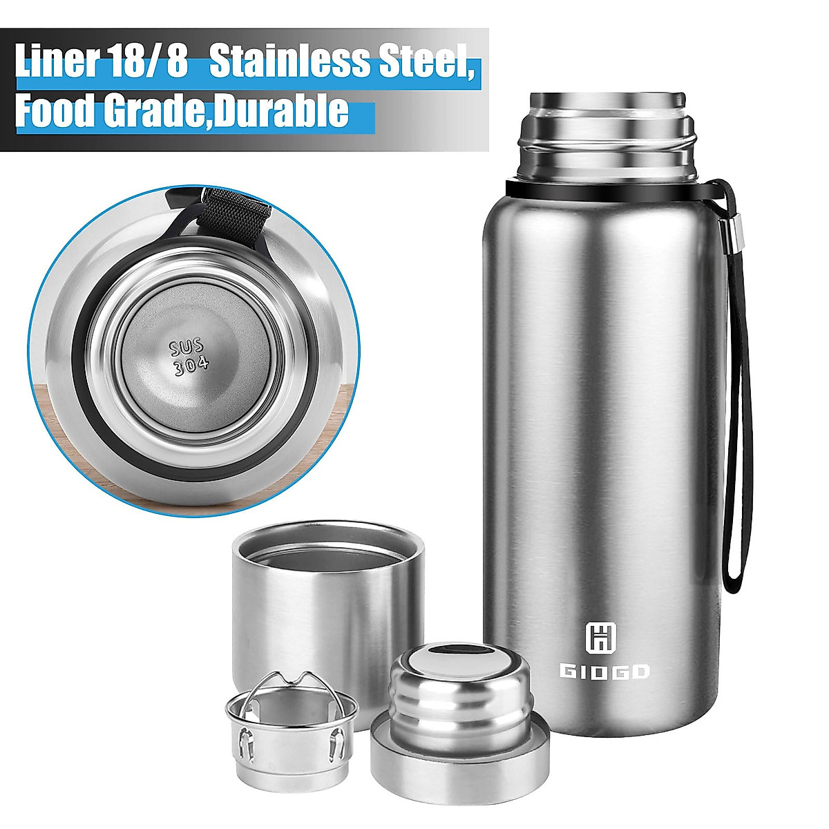 Insulated vacuum Thermo Bottle 500ml/16.9oz with cup Stainless steel coffee bottles for hot and cold drink water flask.(Silver,500ml)