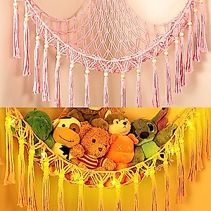 Razella Pink Stuffed Animal Net or Hammock with LED Light Macrame Plushie Net Hammock Plush Animal Storage Hammock for Wall Bedroom Living Boho Kids Room Decor