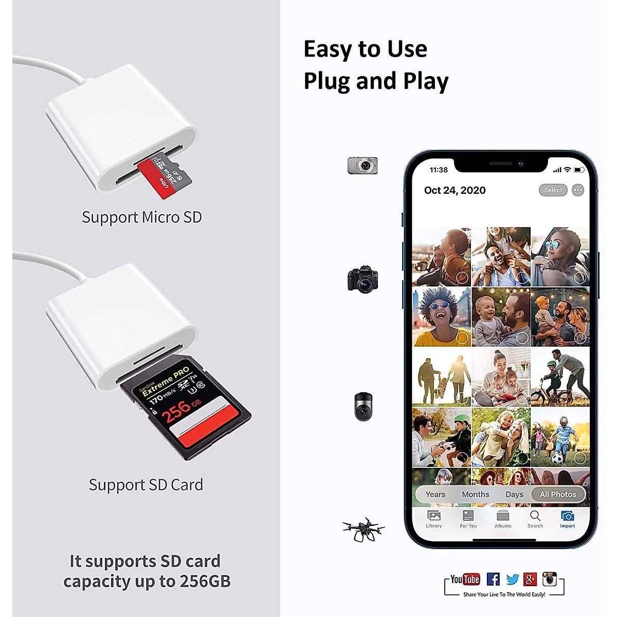 SD Card Reader for iPhone iPad, Apple MFi Certified iPhone SD/Micro SD Card Reader Adapter Cable with Dual Slots for SLR Cameras, Trail Game Camera Viewer, Memory Card Reader for iPhone, Plug and Play